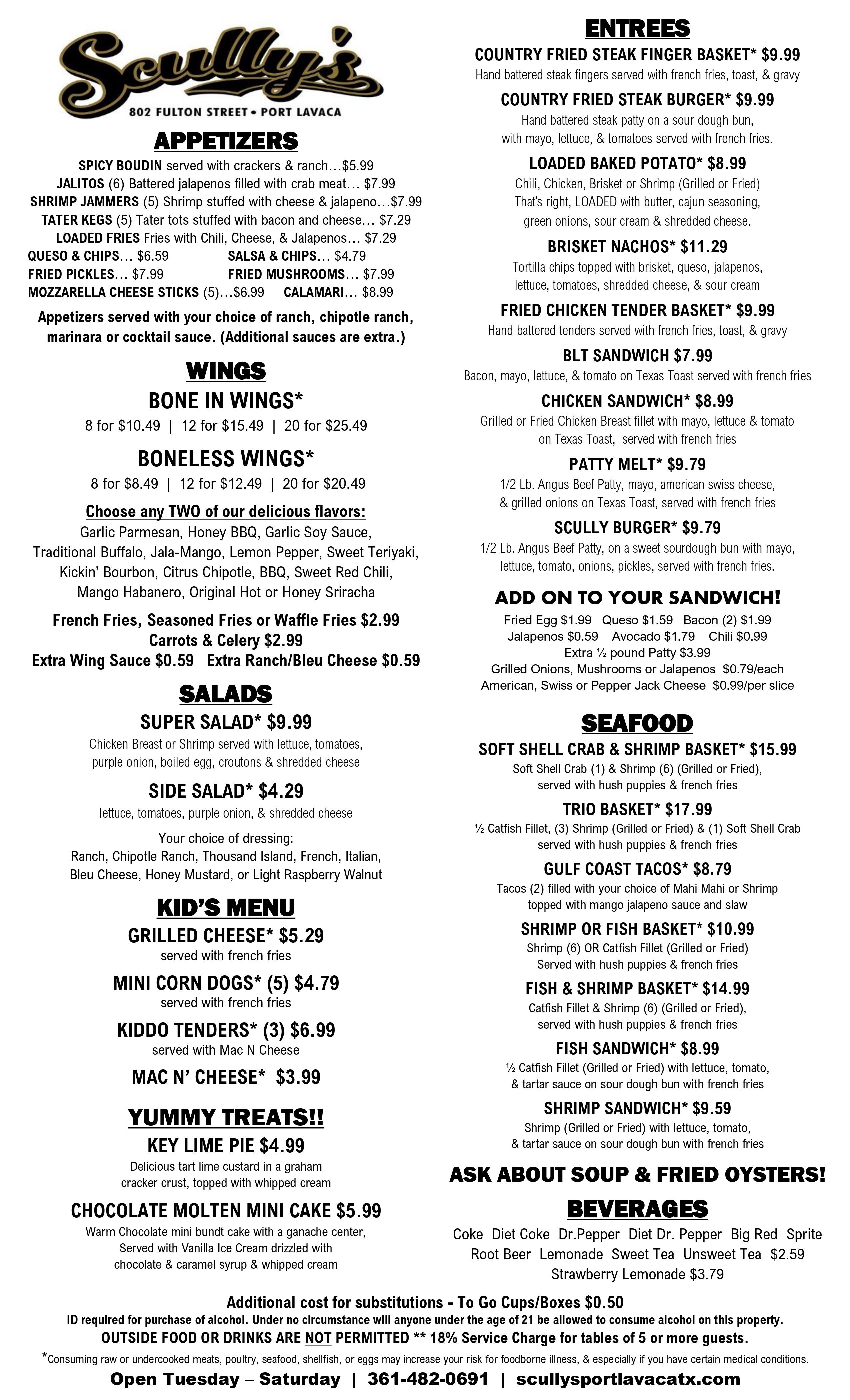 Menu | Scully's Sports Bar & Grill