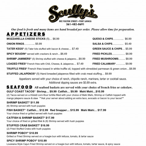 Food Menu | Scully's Sports Bar & Grill